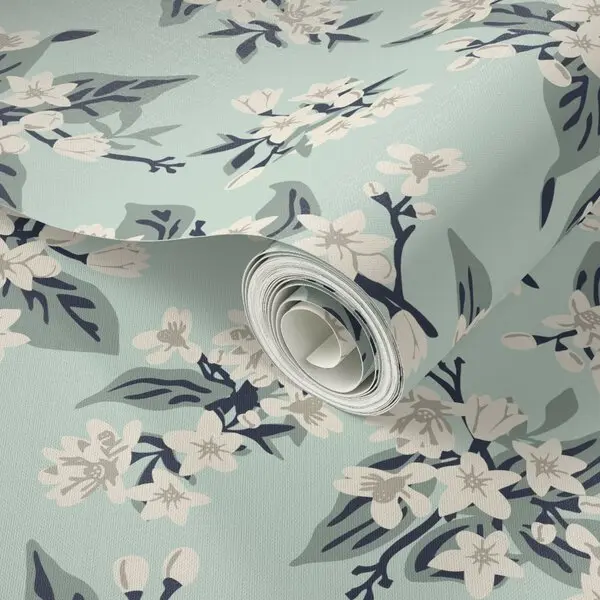 Spoonflower White Flowers Floral Mint Sage Nursery Farmhouse Custom Pre-pasted Wallpaper - Green,gray
