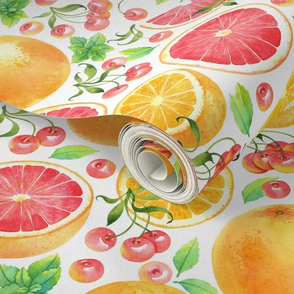 Spoonflower Mint Cherry Fruits Cocktail Grapefruit Summer Custom Removable Wallpaper - Orange,white,red