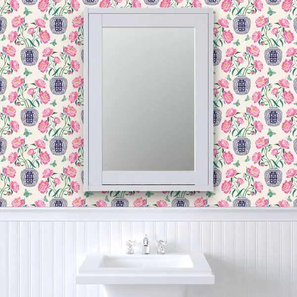 Spoonflower Pink Blue Flowers Butterflies Butterfly Hand Drawn Custom Pre-pasted Wallpaper - Pink,gray