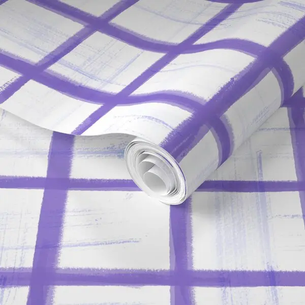 Spoonflower Plaid Purple Gingham Lavender Checkered Iris Custom Pre-pasted Wallpaper - Purple,white,gray
