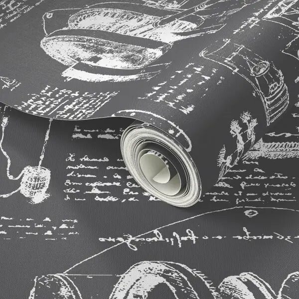 Spoonflower Science Italian Renaissance Charcoal Dark Grey Custom Pre-pasted Wallpaper - Gray