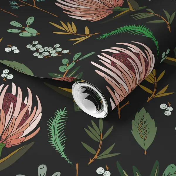 Spoonflower Floral Study Dark Protea Flower Botanical Traditional Wallpaper - Green,pink,brown