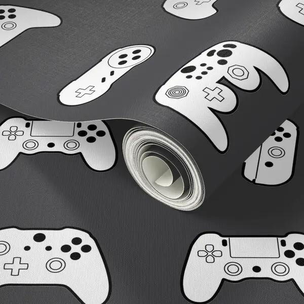 Spoonflower White Game Controllers On Black Custom Pre-pasted Wallpaper