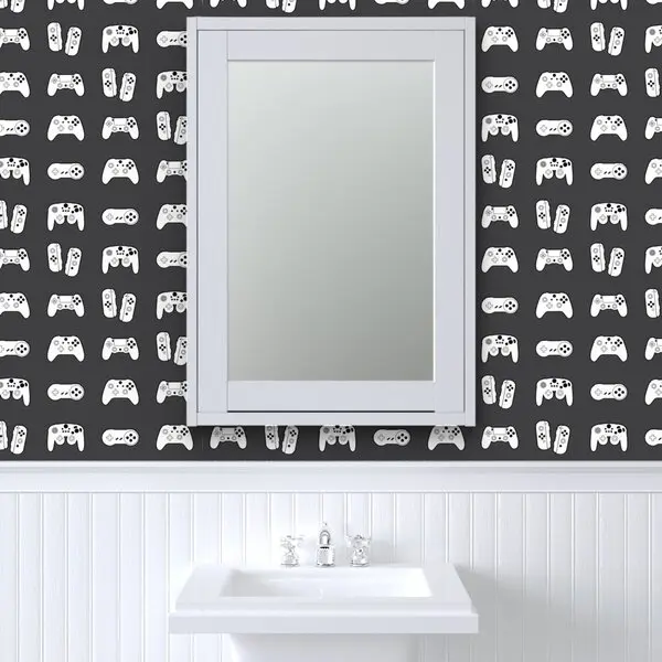 Spoonflower White Game Controllers On Black Custom Pre-pasted Wallpaper