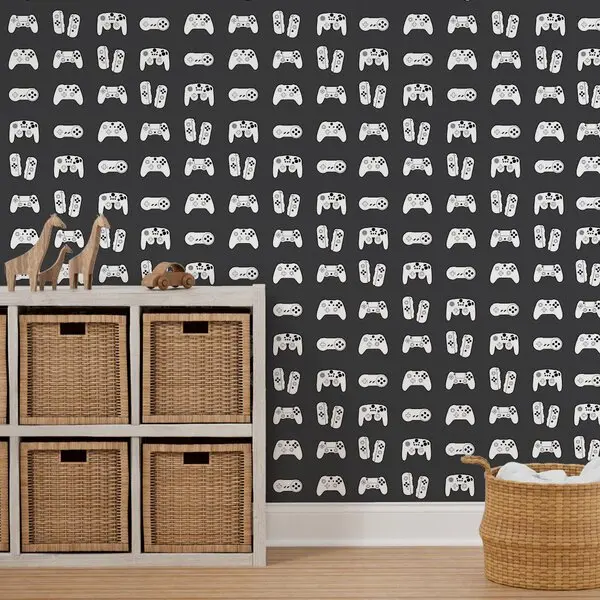 Spoonflower White Game Controllers On Black Custom Pre-pasted Wallpaper