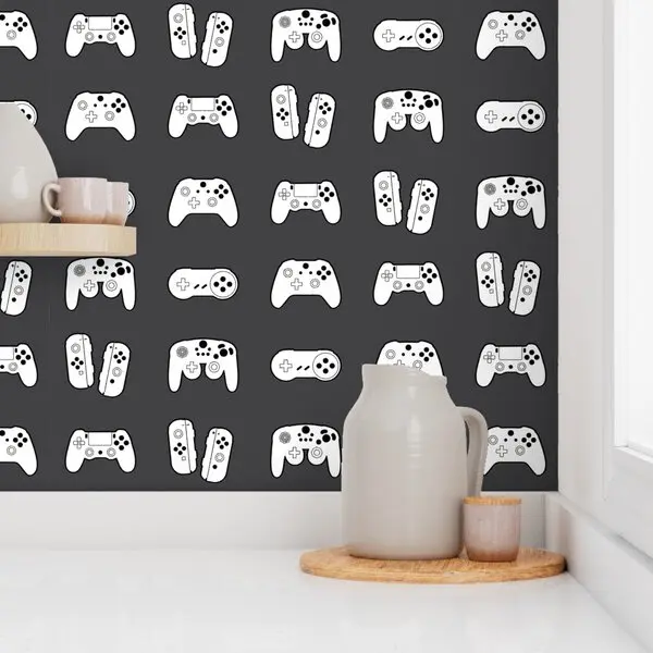 Spoonflower White Game Controllers On Black Custom Pre-pasted Wallpaper