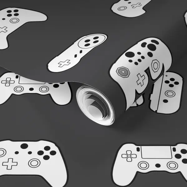 Spoonflower White Game Controllers On Black Custom Pre-pasted Wallpaper - Gray