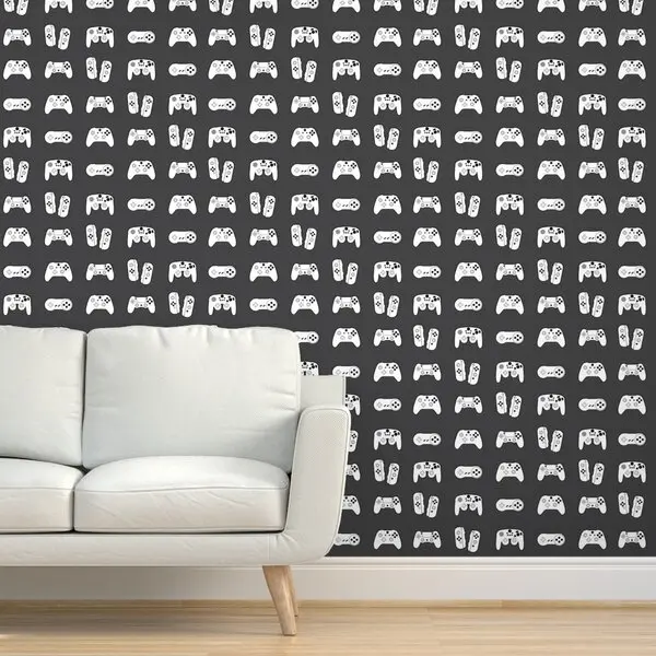 Spoonflower White Game Controllers On Black Custom Pre-pasted Wallpaper
