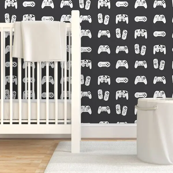 Spoonflower White Game Controllers On Black Custom Pre-pasted Wallpaper