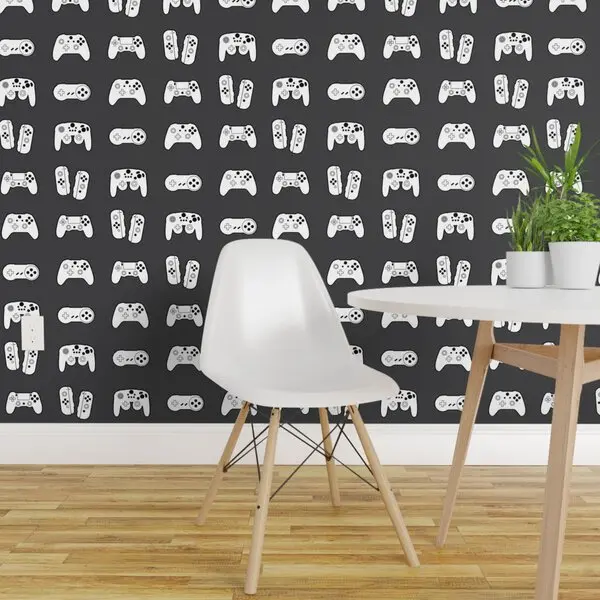 Spoonflower White Game Controllers On Black Custom Pre-pasted Wallpaper