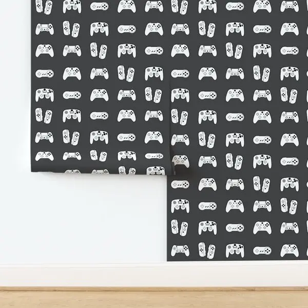 Spoonflower White Game Controllers On Black Custom Pre-pasted Wallpaper