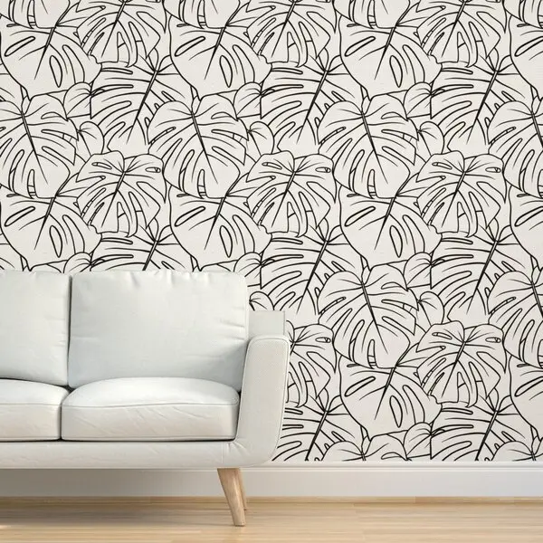 Spoonflower Monstera Black White Plants Leaf Illustration 100% Natural Sisal Grasscloth Wallcovering - Black,white