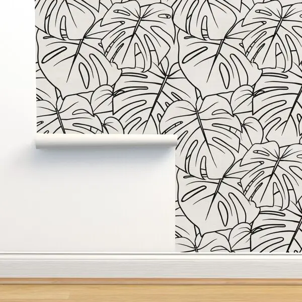 Spoonflower Monstera Black White Plants Leaf Illustration 100% Natural Sisal Grasscloth Wallcovering - Black,white