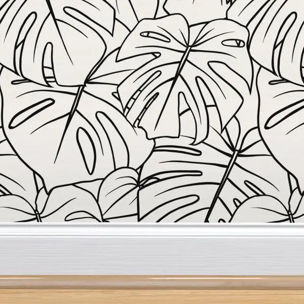 Spoonflower Monstera Black White Plants Leaf Illustration 100% Natural Sisal Grasscloth Wallcovering - Black,white