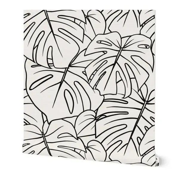 Spoonflower Monstera Black White Plants Leaf Illustration 100% Natural Sisal Grasscloth Wallcovering - Black,white