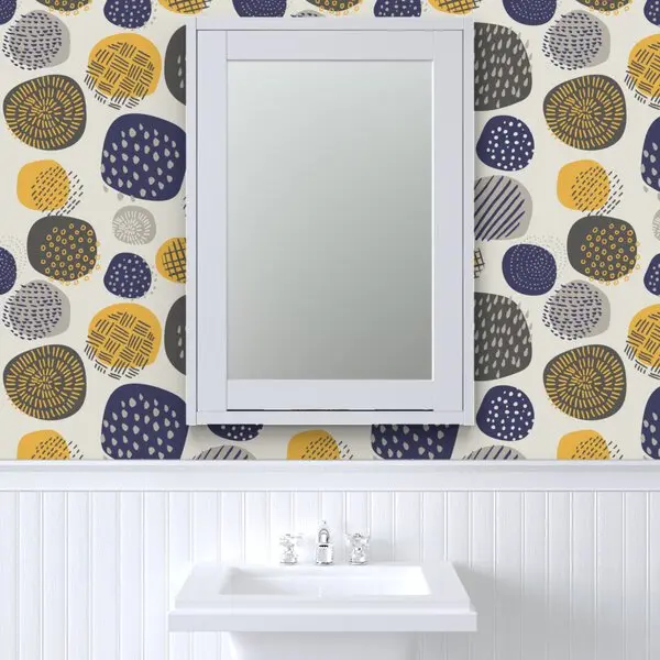 Spoonflower Blue Yellow Grey Dot Abstract Navy Custom Pre-pasted Wallpaper