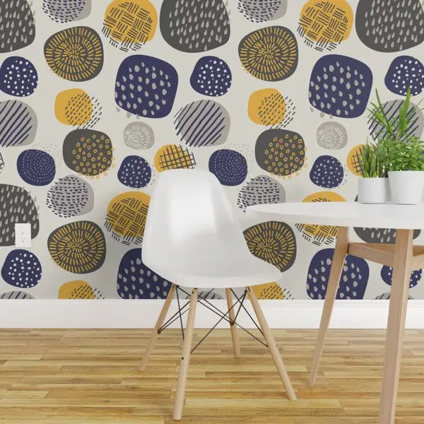 Spoonflower Blue Yellow Grey Dot Abstract Navy Custom Pre-pasted Wallpaper