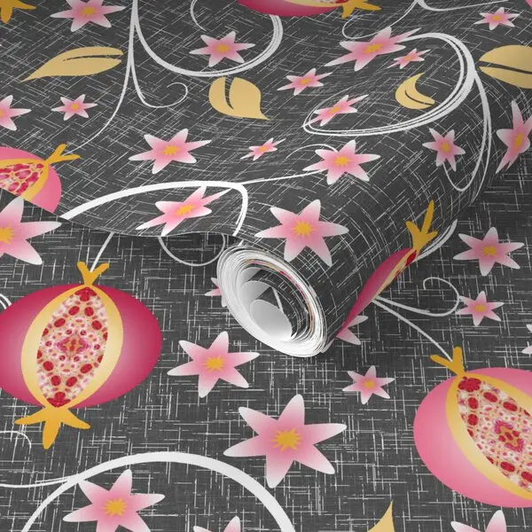 Spoonflower Jewel Fruit Pomegranates Grey Custom Removable Wallpaper - Gray,red,pink
