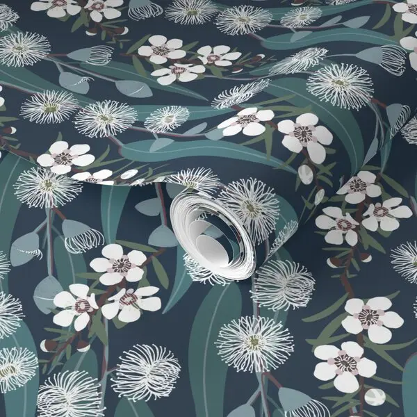 Spoonflower Eucalyptus Tea Tree Blue Flowers Floral Australian Custom Pre-pasted Wallpaper - Blue,green