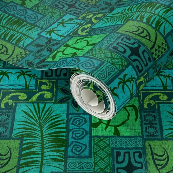 Spoonflower Hawaiian Moku Malihini Blue Green Turtle Tiki Custom Removable Wallpaper - Blue,green,black