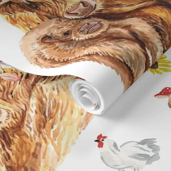 Spoonflower Calf Farm Chicken Highland Cow Baby Shaggy Floral Custom Removable Wallpaper - Gray,brown,orange