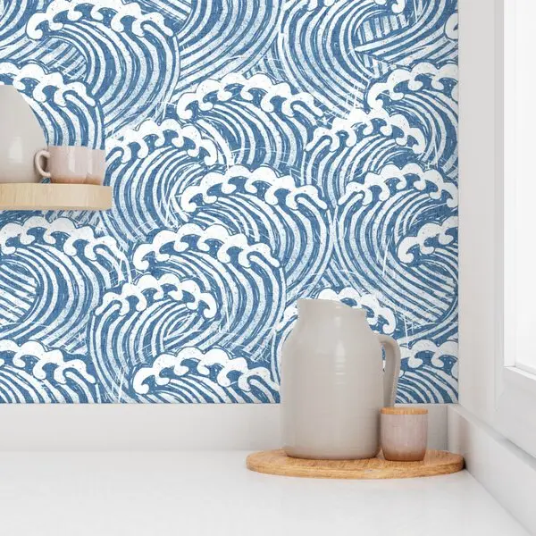Spoonflower Light Block Printed Waves Custom Pre-pasted Wallpaper
