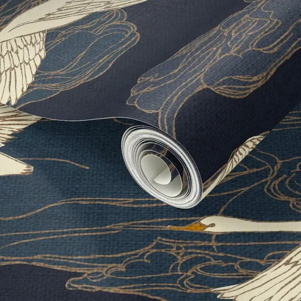 Spoonflower Birds Fantasy Magic Childhood Swans Magical Custom Pre-pasted Wallpaper - Blue,white,brown