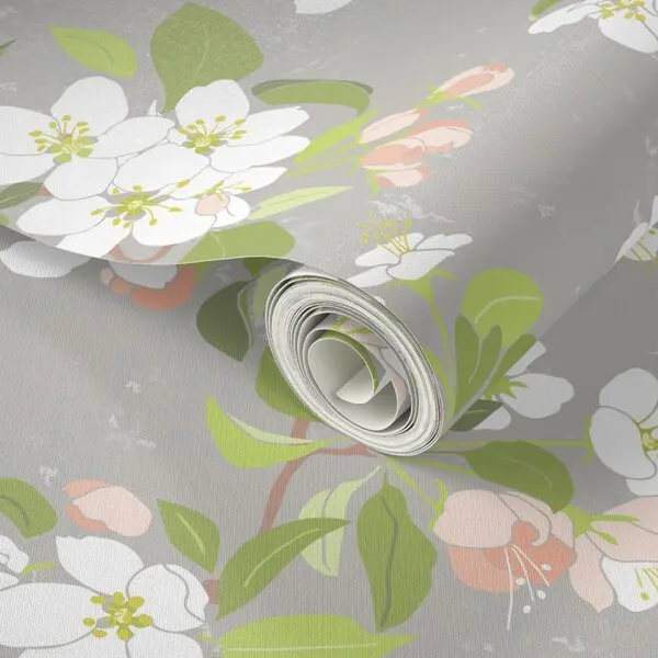 Spoonflower Green Floral Nature Apples Custom Pre-pasted Wallpaper - Gray,sage,white