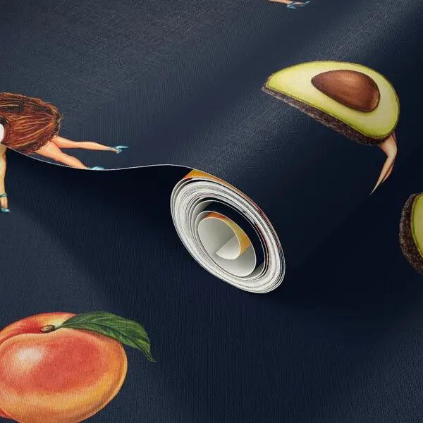Spoonflower Vintage Retro Fruit Peach Pear Cherry Food Custom Pre-pasted Wallpaper - Black,orange,brown