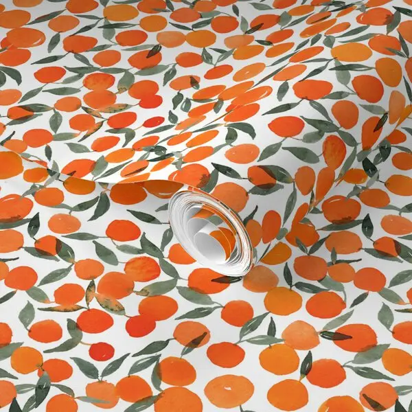Spoonflower Green Bright Leaves Orange Fruit Modern Custom Removable Wallpaper - Orange,gray,pink