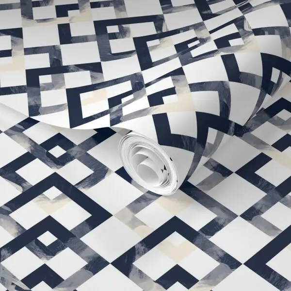 Spoonflower White Cream Geometric Pattern Navy Square Sixties Custom Pre-pasted Wallpaper - White,navy,blue