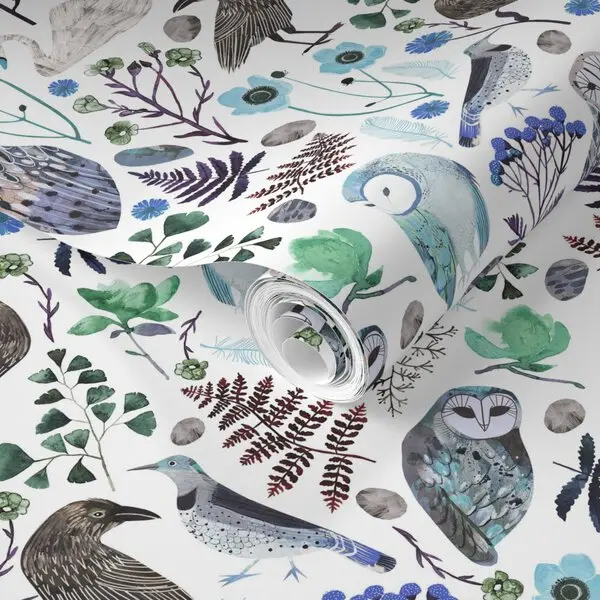 Spoonflower Owl Raven Ferns Magnolia Florals Mystical Custom Removable Wallpaper - White,gray,blue