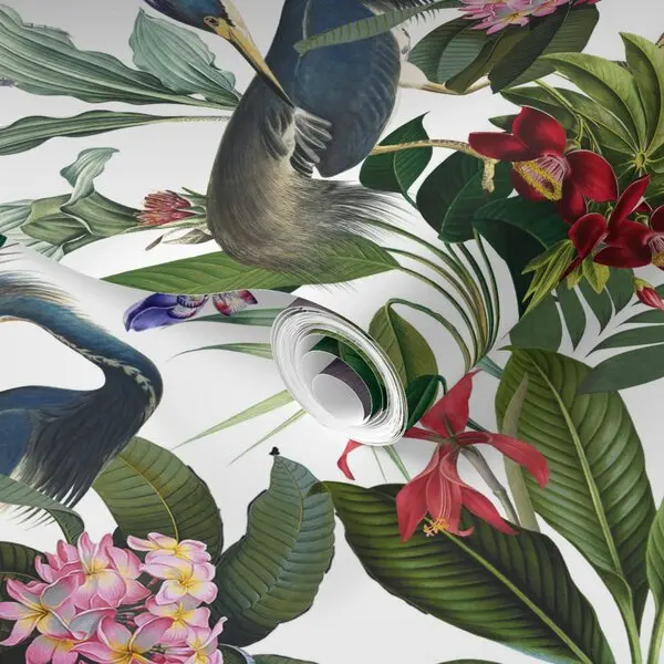 Spoonflower Tropical Blue Heron Green Florals Traditional Wallpaper - Blue,green,pink