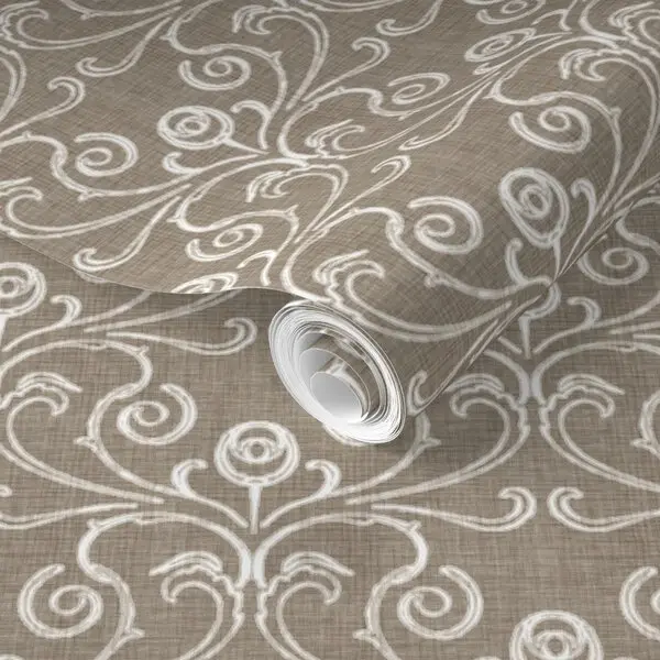 Spoonflower Faded French Rose Brown Roses Damask Vintage Traditional Wallpaper - Brown,white,gray