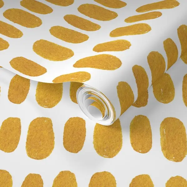 Spoonflower Yellow Gold Abstract Watercolor Mustard Oval Custom Pre-pasted Wallpaper - Yellow,white,beige