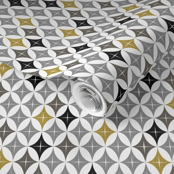 Spoonflower Diamonds Stars Gold Geometric 60s Traditional Wallpaper - Gray,black,green