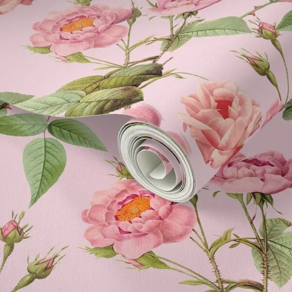 Spoonflower Rose Nature Summer Pink Vintage Flowers Moody Custom Pre-pasted Wallpaper - Pink,brown,sage