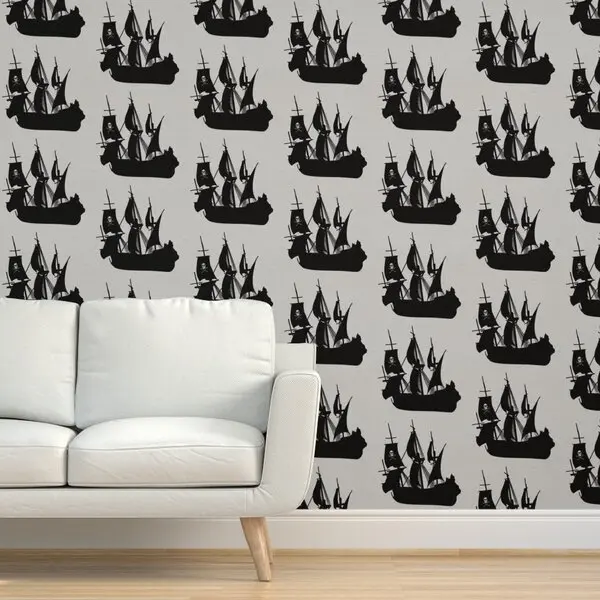 Spoonflower Pirate Ship On Grey 100% Natural Sisal Grasscloth Wallcovering