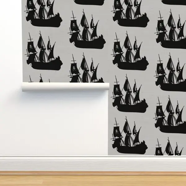 Spoonflower Pirate Ship On Grey 100% Natural Sisal Grasscloth Wallcovering