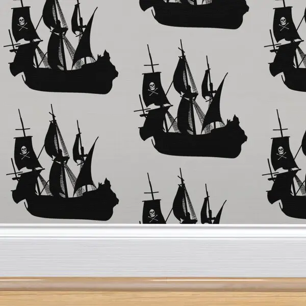 Spoonflower Pirate Ship On Grey 100% Natural Sisal Grasscloth Wallcovering