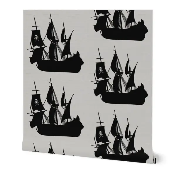 Spoonflower Pirate Ship On Grey 100% Natural Sisal Grasscloth Wallcovering