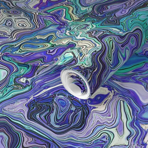 Spoonflower Rain Abstract Swirl Marbled Splash Malachite Custom Removable Wallpaper - Blue,purple,gray