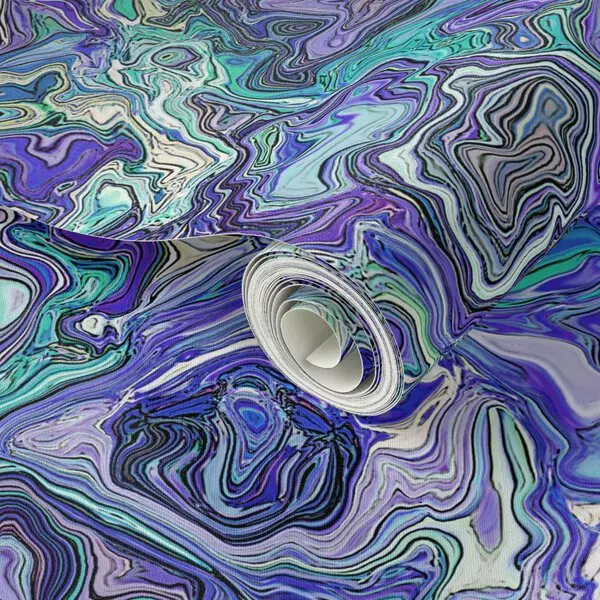 Spoonflower Rain Abstract Swirl Marbled Splash Malachite Traditional Wallpaper - Blue,purple,gray