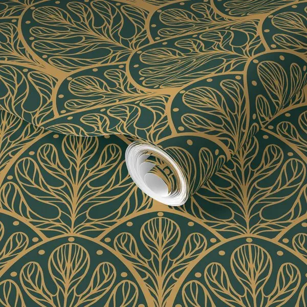 Spoonflower Art Deco Autumn Leaf Green Gold Custom Removable Wallpaper - Green,gold,brown
