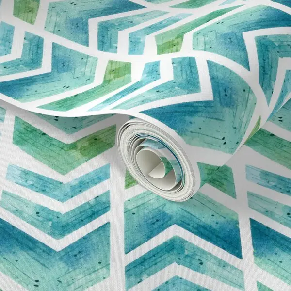 Spoonflower Watercolor Herringbone Geometric Pattern Blue Custom Removable Wallpaper - Blue,green,teal