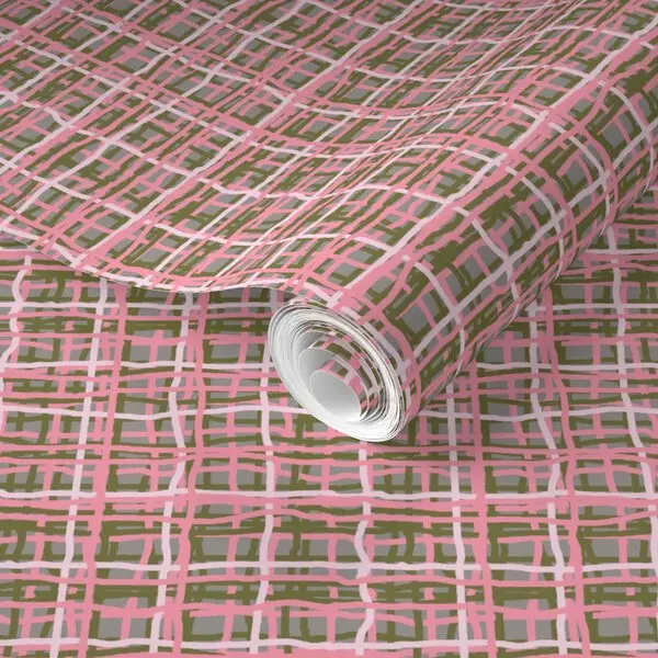 Spoonflower Pink Green Plaid Grey Modern Geometric Gingham Traditional Wallpaper - Pink,green