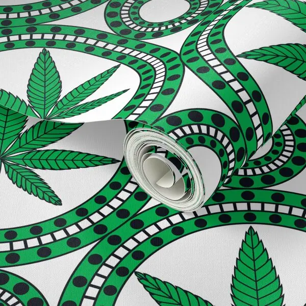 Spoonflower Marijuana Cannabis Hemp 420 Custom Removable Wallpaper - Green,white,black