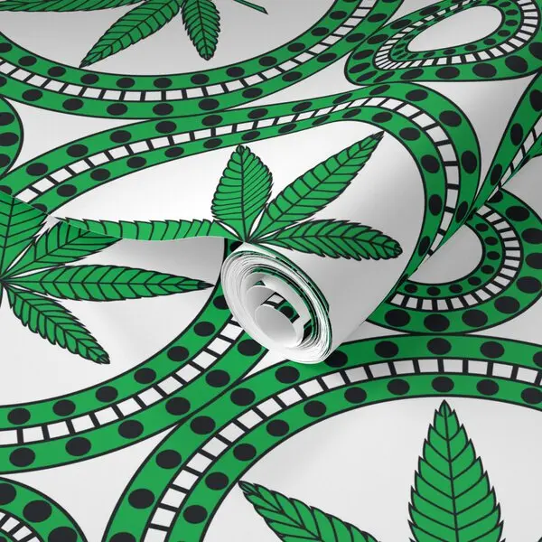 Spoonflower Marijuana Cannabis Hemp 420 Custom Removable Wallpaper - Green,white,black