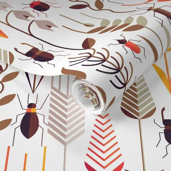 Spoonflower Grass And Bugs Warm Custom Pre-pasted Wallpaper - Brown,orange,gray
