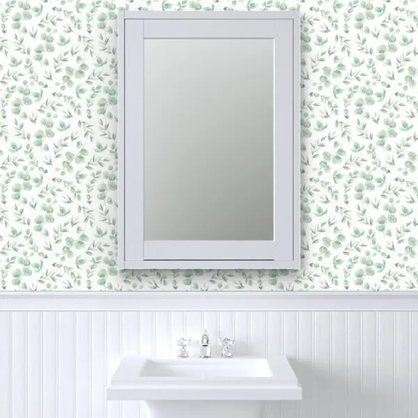 Spoonflower Nursery Eucalyptus Watercolor Leaf Leaves Custom Pre-pasted Wallpaper - Green